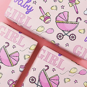 Baby Girl Birthday Wrapping Paper For Kids Girls, Stroller Baby Socks Nipple Balloons Designs Gift Wrap Paper for Birthday or Baby Shower, 4 Sheets Pink Paper Folded Flat 20x28 Inches Per Sheet