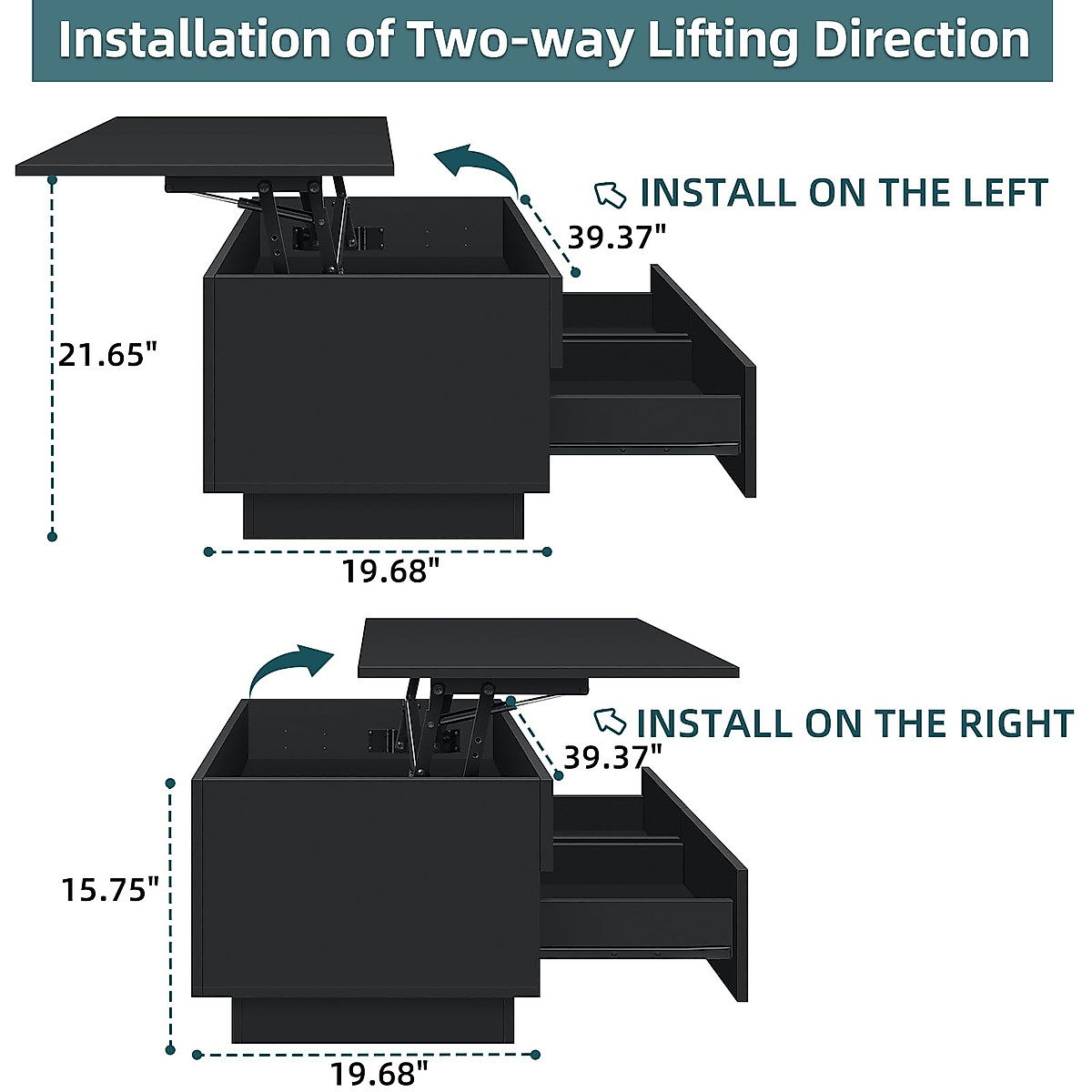 HOMMPA 40'' Lift Top Coffee Table for Living Room, Black Coffee Tables with Storage, LED Modern Coffee Table Rectangular Black Gloss, Flip Top Center Table with 2 Drawers and Hidden Compartment