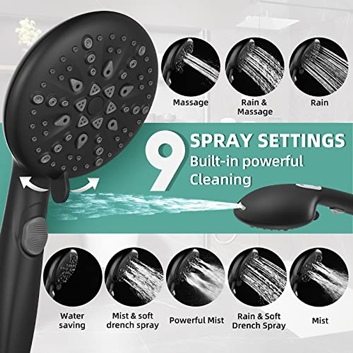 Cobbe High Pressure 9 Functions Shower Head with handheld, Built-in Power Spray to Clean Corner, Tub and Pets, Stainless Steel Hose Adjustable Bracket(Matte Black)