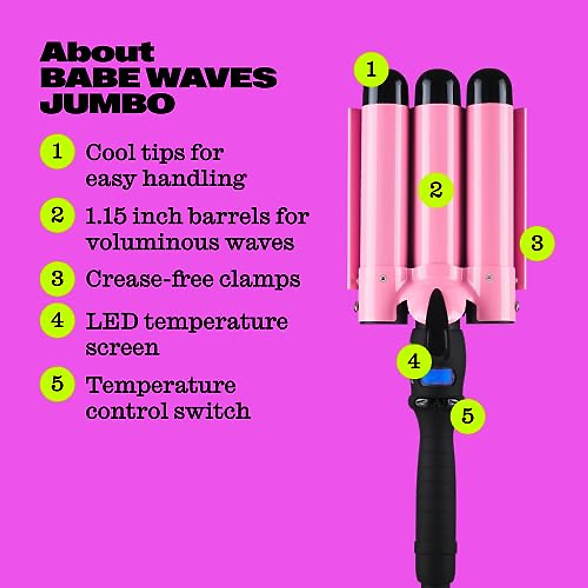 Trademark Beauty Babe Waves Jumbo -Three Barrel Hair Waver, Curling Iron, 1.25 Inch, Quick Heat, Adjustable Temperature Hair Curler - Pink