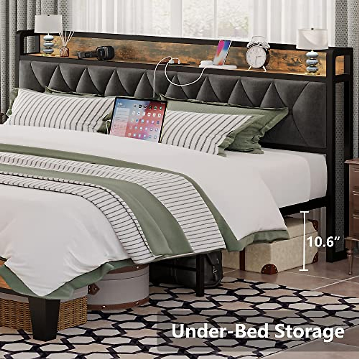 ANCTOR King Size Bed Frame, Storage Headboard with Outlets, Easy to Install, Sturdy and Stable, No Noise, No Box Springs Needed - Perfect for a Good Night's Sleep