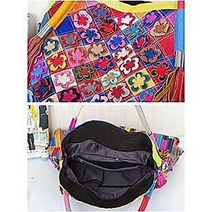 Downupdown Women Handbags Genuine Leather Tote Bag 3D-Flower Shoulder Bag Multicolor Splice Totes Satchel Purse with Tassels