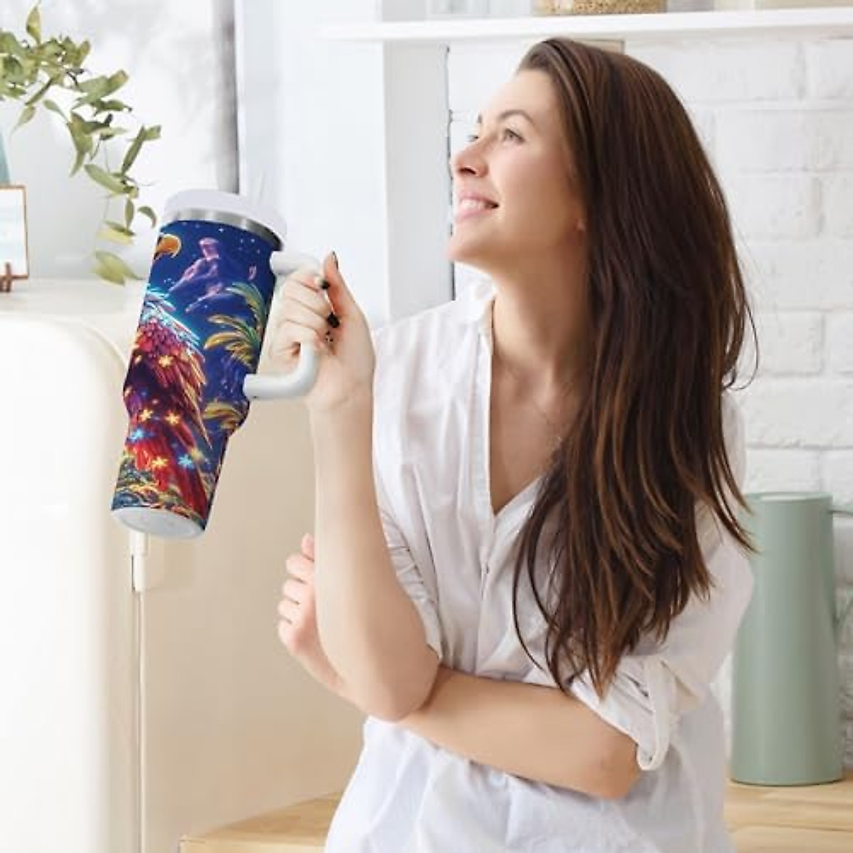 Slewiaeky Tumbler with Handle 40 oz Adorable Hawk Animal America Travel Mug with Lid and Straw Stainless Steel Vacuum Insulated Water Bottle Cup for Iced Tea Coffee Cold Beverages Cup Holder Friendly