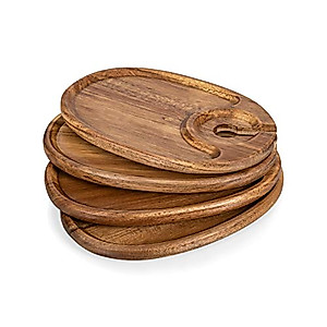 PICNIC TIME TOSCANA -Wine Appetizer Plates, Cocktail Plate with Glass Holder, Cheese Board with Wine Holder, (Acacia Wood), 9 x 6, Set of 4