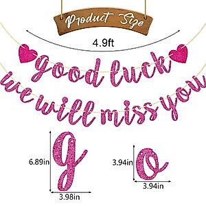 Good Luck We Will Miss You Banner for Farewell Party, Pre-strung Going Away Party Decorations for Graduation Party and Retirement Party, Hot Pink Glitter