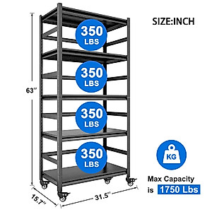 STELSIPLIY 5-Tier Metal Storage Shelves with Wheels, Heavy Duty Metal Shelving Unit, Rolling Kitchen Adjustable Shelves for Kitchen, Bathroom, Garage, Pantry, Easy Assembly, Black