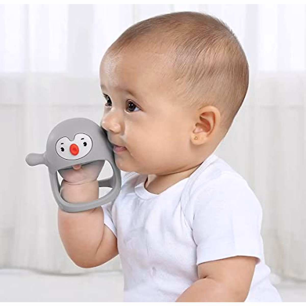 Wearable Soothing Teether, Penguin Buddy Never Drop Silicone Baby Teething Toy, Baby Chew Toys for Sucking Needs, Hand Pacifier for Breast Feeding Babies, Car Seat Toy for New Born (Baby Blue)