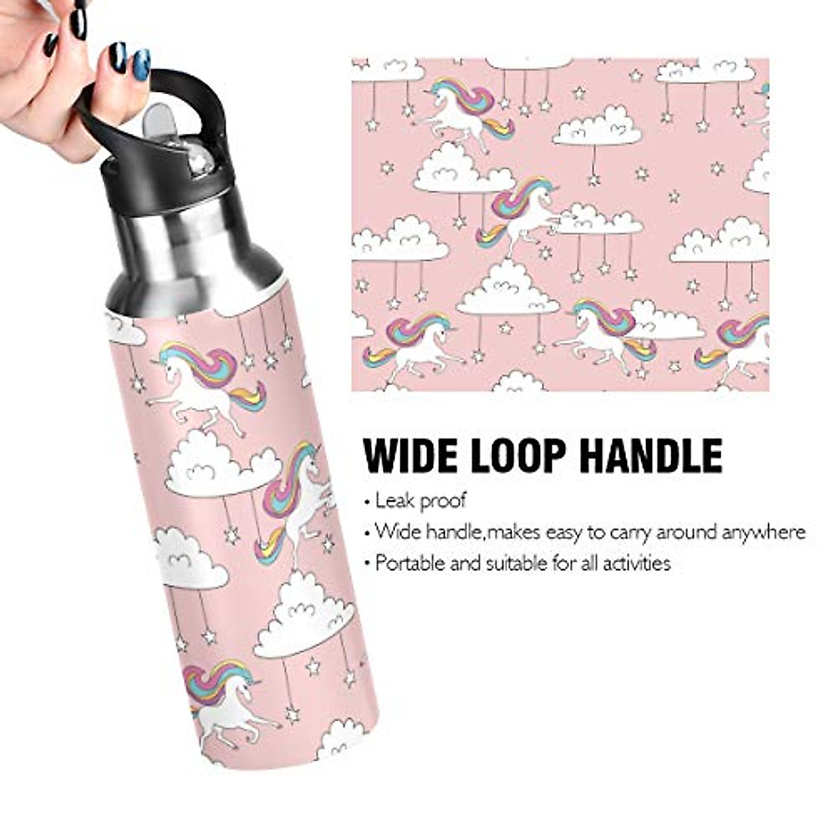OREZI Unicorn In Pink World Water Bottle Thermos with Straw Lid for Boys Girls,600 ml,Leakproof Stainless-Steel Sports Bottle for Women Men Teenage