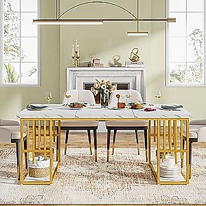 Tribesigns 70.9" Dining Table for 6-8, Long Modern Kitchen Table with Storage, Large Rectangular Dinner Table for Kitchen, Dining & Living Room, White Faux Marble Top & Gold Metal Frame, Easy Assembly