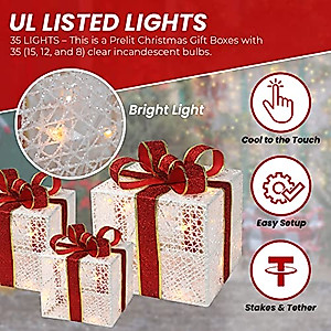 Set of 3 Lighted Gift Boxes Christmas Decoration - Pre-Lit Present with Ribbons and Bows - Light up Gift Box for Indoor Outdoor Yard Home Decor
