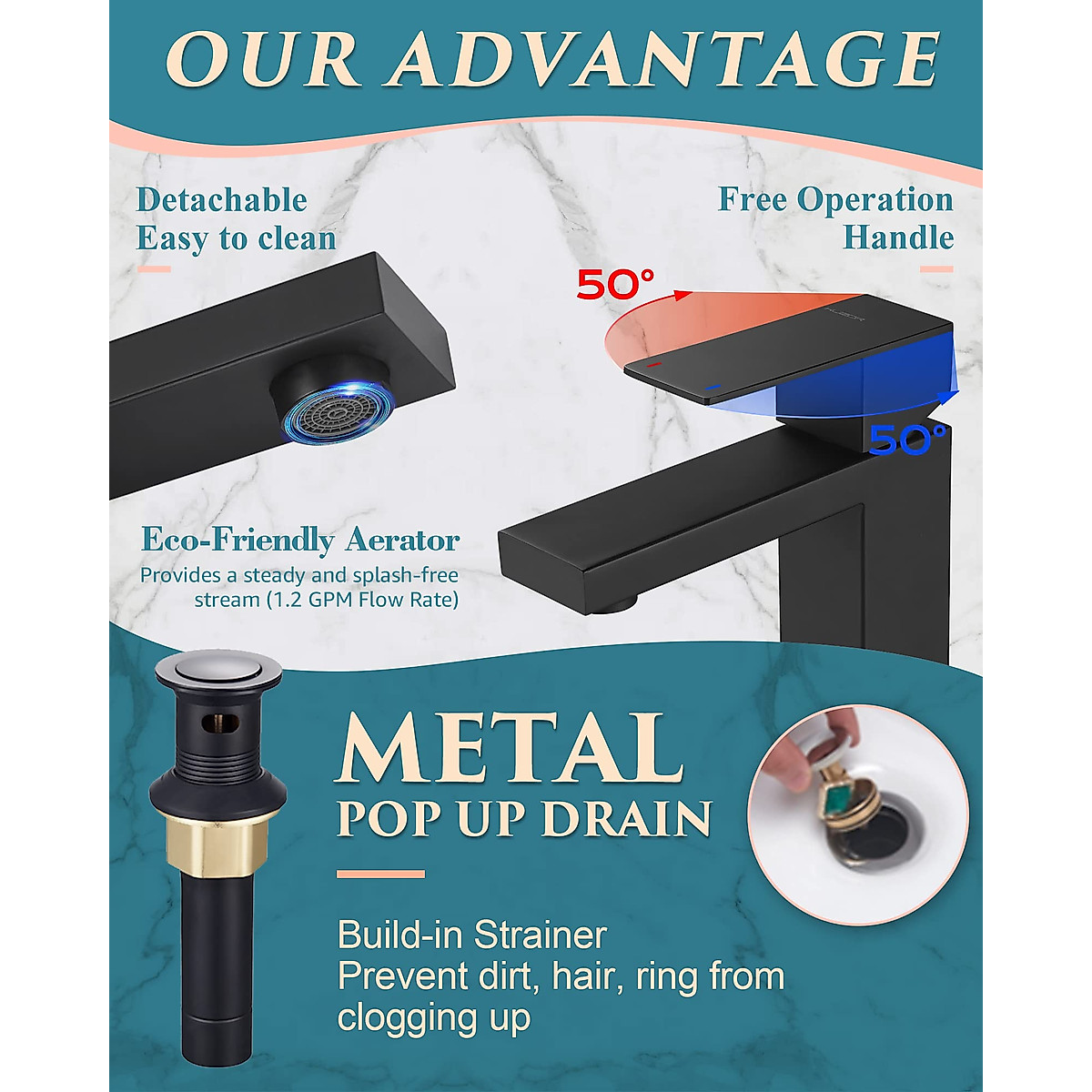 KUZOR Bathroom Faucets Matte Black, Single Hole Bathroom Sink Faucet with Metal Pop Up Drain, 304 Stainless Steel Modern Square One Hole Faucet for Bathroom Sink, Black Matt