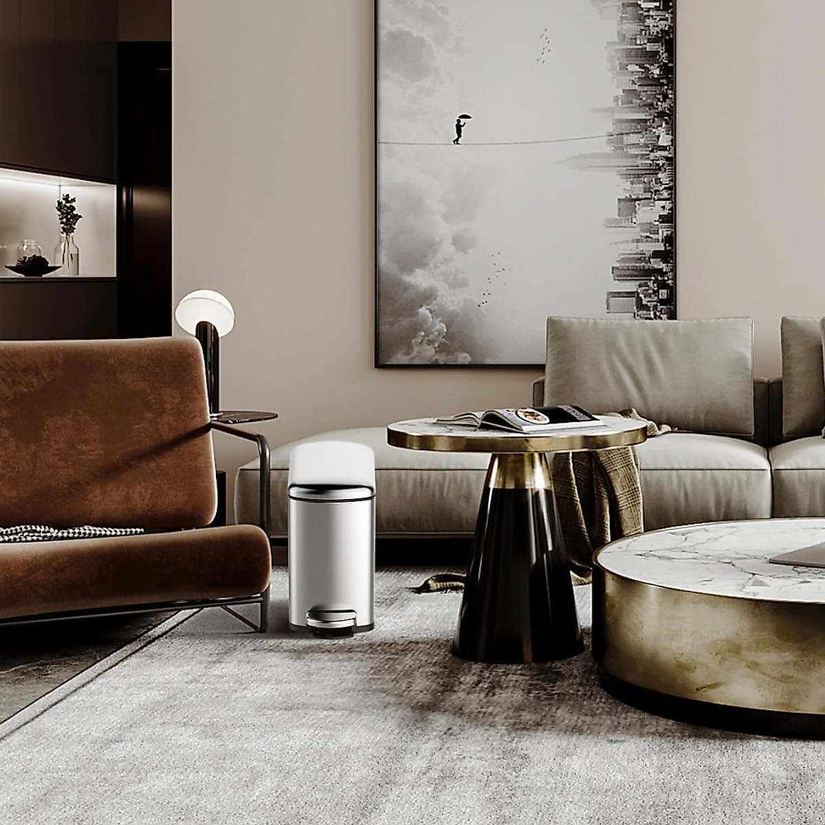 GAOMON 6L Pedal Trash Bin, Stainless Steel Waste Bin with Lid and Inner Bin, Pedal Waste Bin with Automatic Lowering and Soft Closing, Recycling Bin for Kitchen, Bathroom or Office