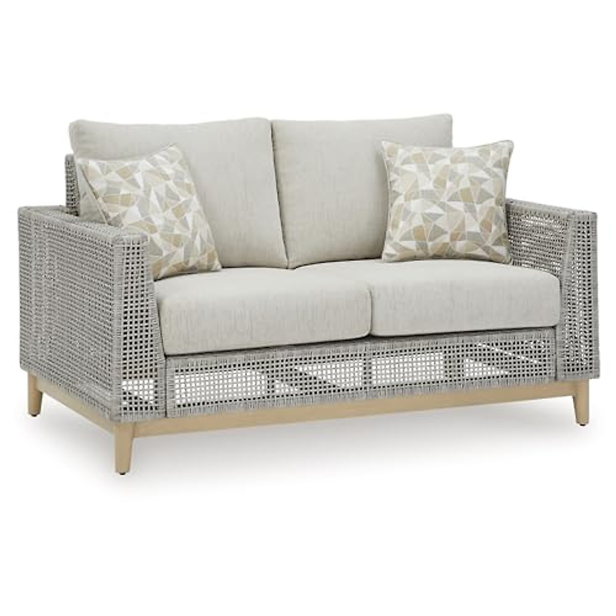 Signature Deisgn by Ashley Seton Creek Outdoor Loveseat with Cushion, 59" W x 37" D x 36" H, Light Brown & Light Gray