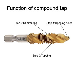 Omninmo 6 Pcs 1/4" Hex Shank Titanium Combination Drill Tap Bit Set Screw Tapping Countersink Drill Bits Metric Thread M3-M10 Taps Tool(M3, M4, M5, M6, M8, M10)