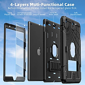 TSQQST iPad 5th 6th Generation Case 9.7" for Kids with Glass Screen Protector | iPad 9.7 Case with Pencil Holder+Stand | Silicone Drop Proof Case for iPad 5th 6th Gen 2017 2018 | Black