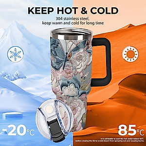 YTLKGFP 40 Oz Large Capacity Car Cup Beautiful Butterfly Pattern Tumbler with Handle (Black) Straw Lid Insulated Stainless Steel Water Bottle Travel Mug Leak-proof Car Cup Keeps Cold Or Hot