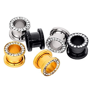 YOFANST 6pcs Stainless Steel Black Silver Rosegold Clear Crystal Gems Screw Back Ear Tunnels Gauges 00g