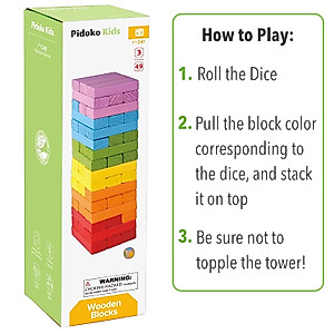 Pidoko Kids Wooden Stacking Building Blocks (49 Pcs) - Colorful Tumbling Blocks Board Games for Family Game Night - Montessori Toys Gifts, includes Storage Bag