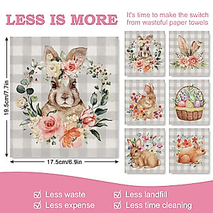 AnyDesign Easter Swedish Kitchen Dishcloth Set of 6 Watercolor Easter Egg Rabbit Bunny Floral Cotton Kitchen Towel Gray White Buffalo Plaids Dish Towel for Housewarming Cleaning Wipes, 7 x 8 in
