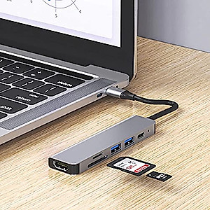 USB C Hub, 6-in-1 Type C Adapter Mini Docking Station with 4K HDMI, 2 USB 3.0 Ports, SD/TF Card Reader, 65W Power Supply Compatible with iPad Pro/MacBook/Type C Devices (USB-C-6 in 1)