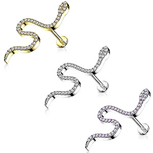 Covet Jewelry Snake Paved CZ Top on Internally Threaded 316L Surgical Steel Flat Back Studs for Labret, Monroe, Cartilage and More (16GA, L: 5/16" (8mm), Aurora Borealis)
