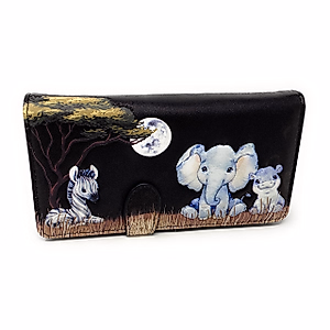 Shag Wear Babies of Africa Large Animal Safari Wallet for Women and Teen Girls Vegan Faux Leather 7" Black