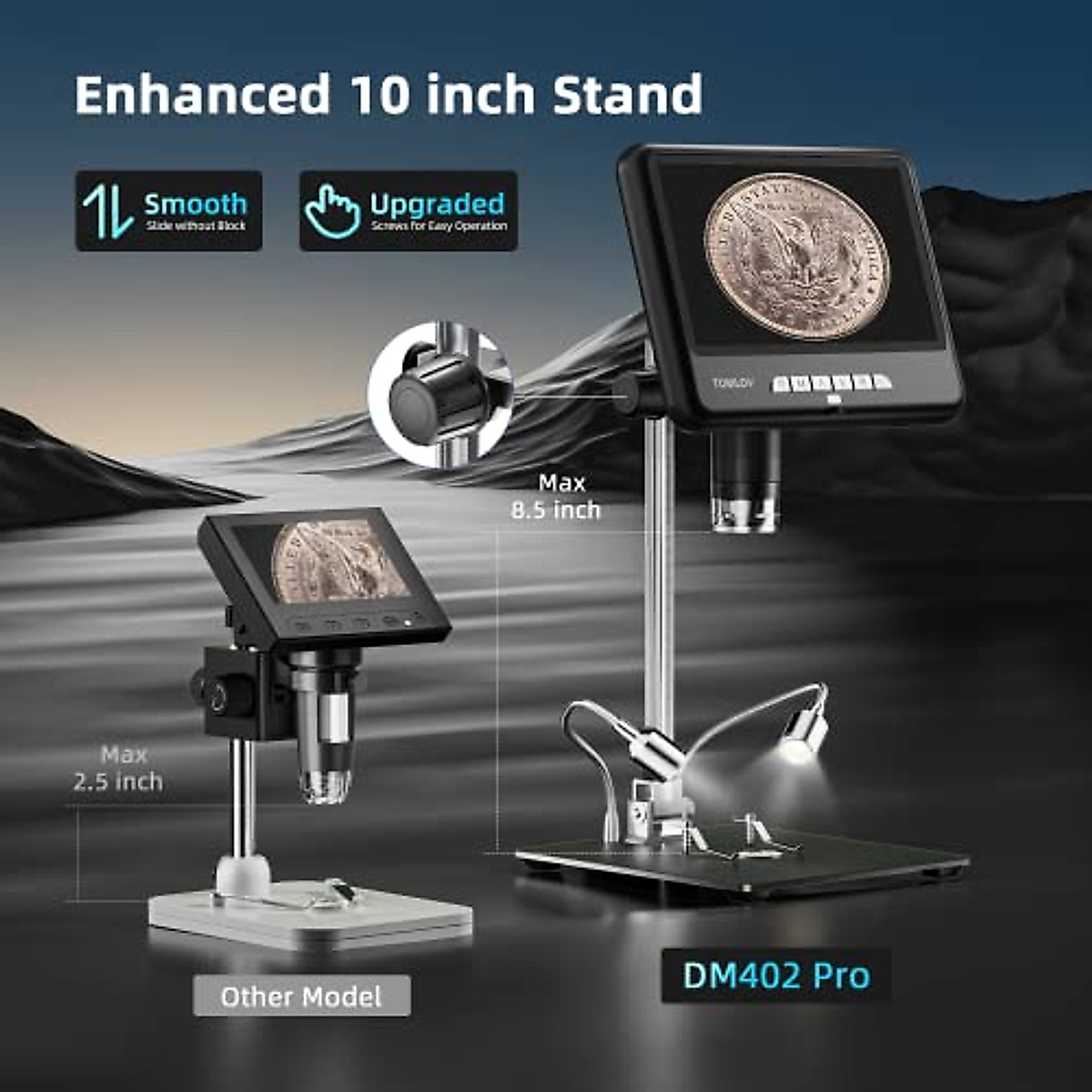 TOMLOV DM402 Pro 2K Digital Microscope 1200x, 10.1" 24MP HDMI Coin Microscope with Screen, Bottom Transmitted Light, LCD Digital Soldering Microscope, 10" Stand, PC/TV Compatible, 32GB