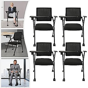 Tablet Arm Chair with Caster Wheels, Ergonomic Breathable Mesh Guest Nesting Stacking for Office School, Classroom, Training Conference, Waiting Room Black (with Desktop - 4pcs)