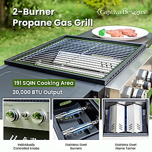 Captiva Designs 2-Burner Propane Gas BBQ Grill with Cast Iron Griddle Pan, 20,000 BTU Output Small Barbecue Grill for Outdoor, Patio, Backyard and Balcony