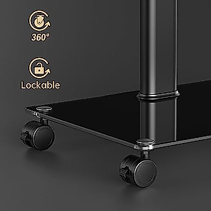FITUEYES Mobile TV Stand with Wheels for 32-60 65Inch TV Screen, Rolling TV Floor Stand with Mount, TV Cart with Black Tempered Glass Base & Wire Management, Holds 66 lbs