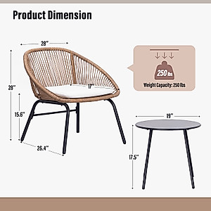LAUSAINT HOME 3 Piece Patio Conversation Bistro Set, All-Weather Outdoor Wicker Furniture with 2 Wide Chairs and Coffee Table Perfect for Porch, Backyard, Balcony (Linear Weave Design)