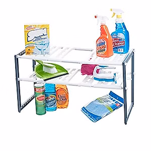 Stalwart Adjustable Under Sink Shelf Organizer Unit, 11.325"x17.75"x15.325", White & Gray