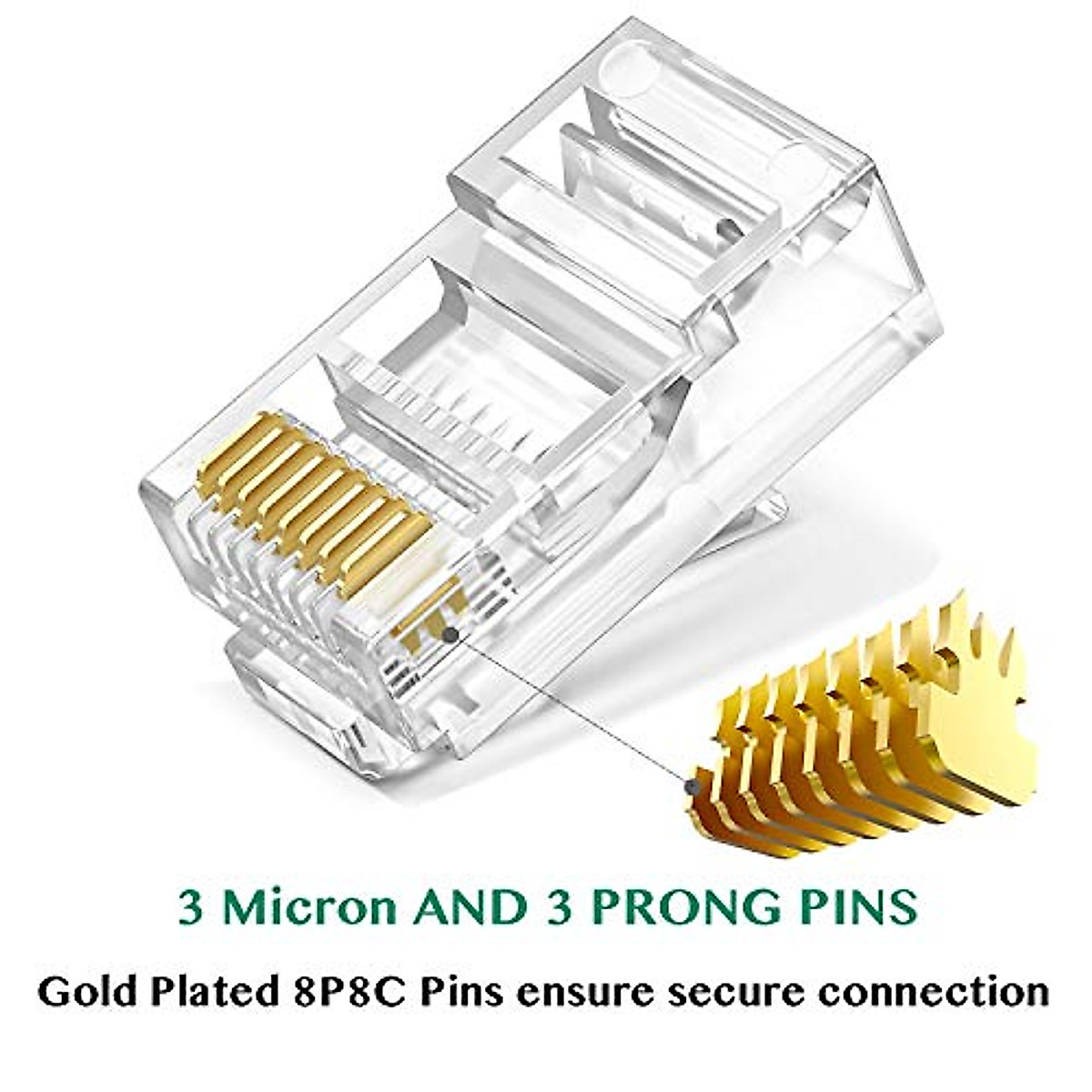Kinoth RJ45 CAT6 Pass Through Connectors 100 Pack - Easy and Fast Termination - Gold Plated 3 Prong 8P8C Modular Ethernet UTP Network Cable Plug End for Cat6 Cat5e