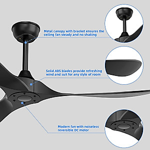 alescu Outdoor Ceiling Fan 60" with Remote Control,Modern Reversible DC Motor for Patio Bedroom Living Room Outdoor Ceiling Fans Black