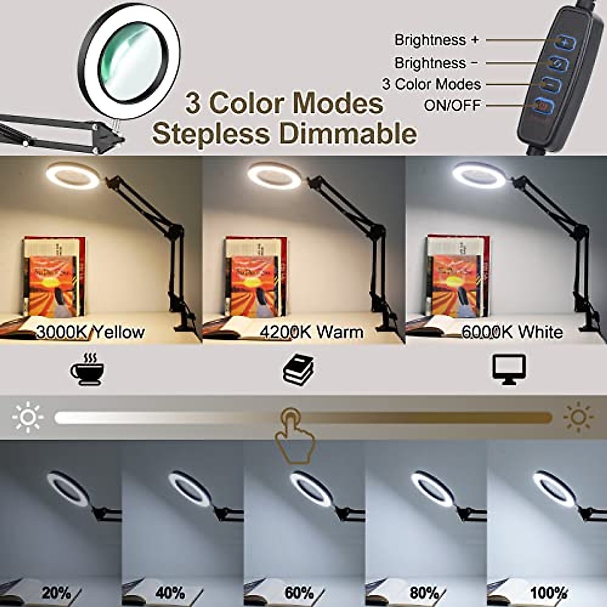 LED Magnifying Glass Desk Lamp with Clamp ,3 Color Modes 10 Levels Dimmable Adjustable Swivel Arm for Reading Rework Craft Workbench