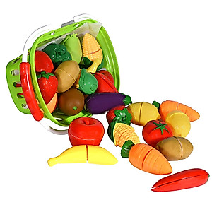 Playkidz: Fruit and Vegetables Basket Pretend Play Kitchen Food Educational Playset with Toy Knife, Cutting Board (32 Pieces of Food Toys)