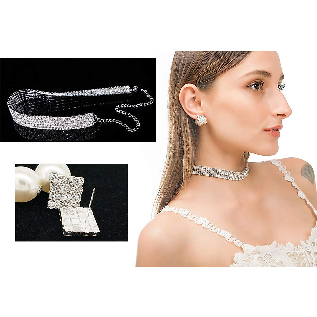 Yamberdoly Rhinestone Choker Necklaces for Women Silver Diamond Choker Necklace Set Sexy Rhinestone Wedding Choker 5 Rows