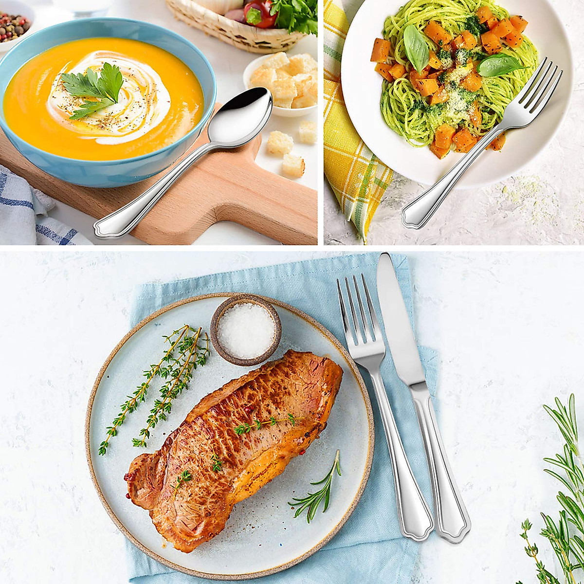 20-Piece Silverware Set, E-far Stainless Steel Flatware Cutlery Set Service for 4, Metal Tableware Eating Utensil Set, Dinner Knives/Forks/Spoons, Scalloped Edge & Mirror Polished - Dishwasher Safe