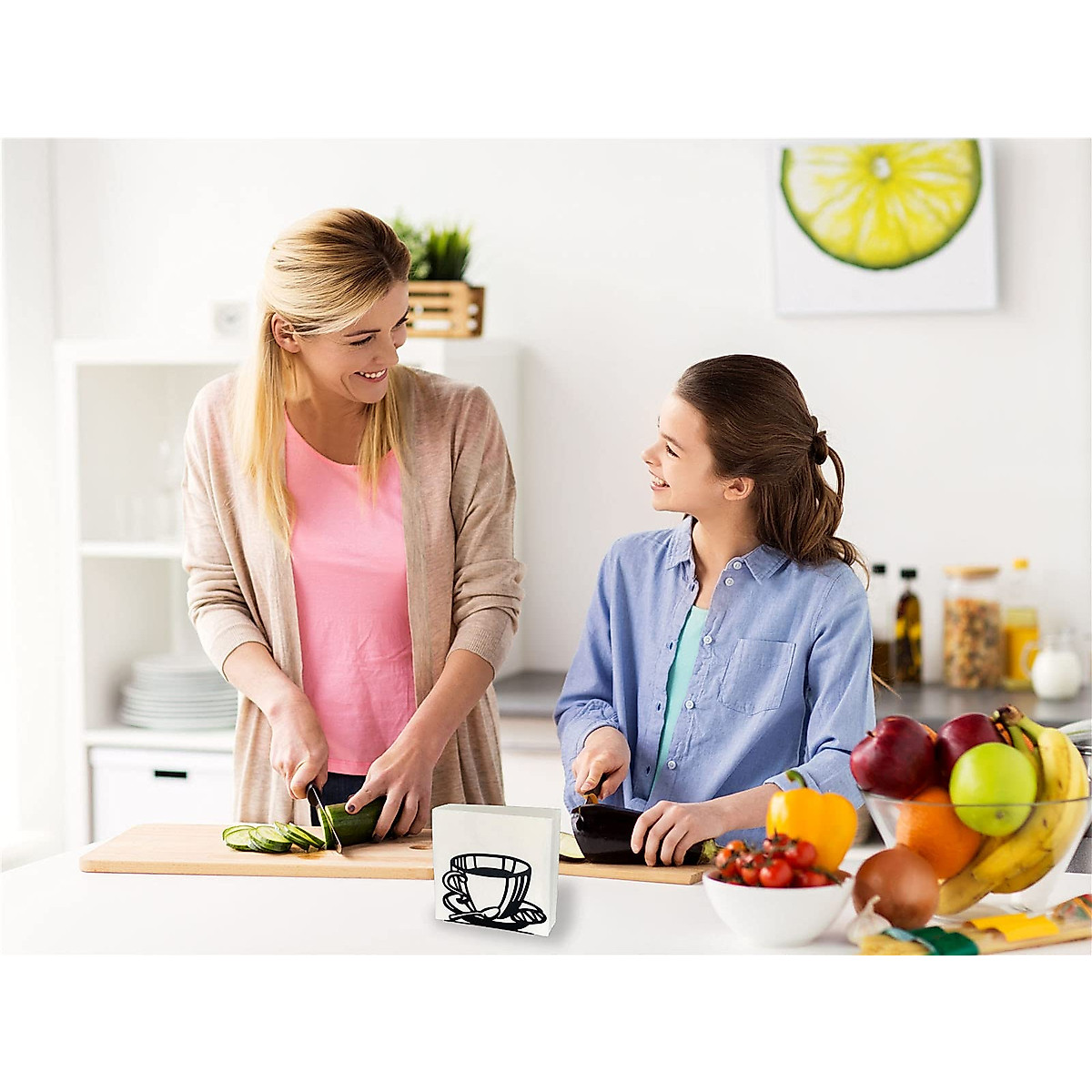 MAINFOR 2 Pcs Napkin Holders for Table, Black Farmhouse Kitchen Cocktail Dining Paper Napkin Holder, Stainless Steel Napkin Dispenser Holder (Coffee Cup Theme)