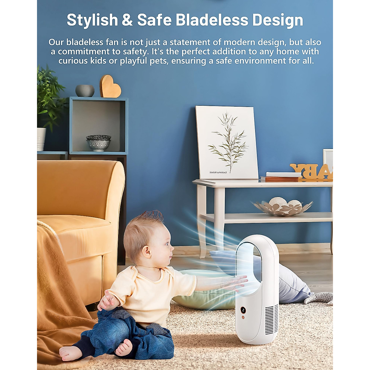 RELEXNOW 13.8" Bladeless Desk Fan - 6 Speed Modes, Small Bladelss rechargeable fan with 6000mAh Battery, Quite Office fan, Easy to Clean & Touch Control, Desk Fan Small Quite for Office, Bedroom