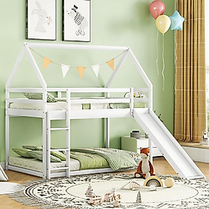MERITLINE House Bunk Bed with Slide, Twin Bunk Beds for Kids,Wood Bunk Beds with Slide and Roof, Slide Bunk Bed with Ladder for Girls, Boys,White