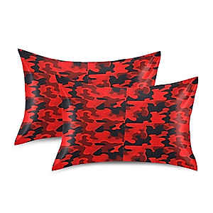 Black Red Camouflage Pillow Covers Silk Pillowcase for Hair and Skin with Envelope Closure Satin Pillowcase Standard Size Pillow Case for Hot Sleepers Bed Women Boys Girls (20x30 Inch)