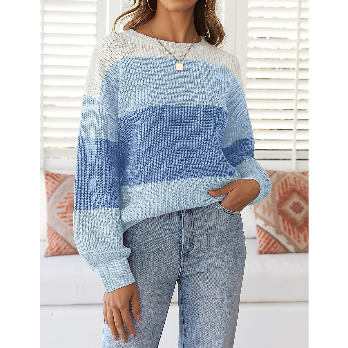 ZESICA Women's Casual Fall Long Sleeve Crew Neck Striped Color Block Loose Fit Soft Knit Oversized Sweaters Pullover Tops,Blue,Large