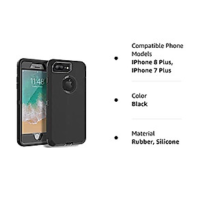 MXX iPhone 8 Plus Heavy Duty Protective Case with Screen Protector [3 Layers] Rugged Rubber Shockproof Protection Cover for Apple iPhone 7 Plus - iPhone 8 Plus/Apple Phone 8+ (Black)