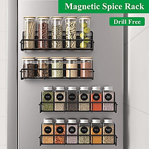 HuggieGems 4 Pack Magnetic Spice Rack Organizer for Refrigerator and Microwave Oven, Metal Fridge Shelf for Kitchen, Black