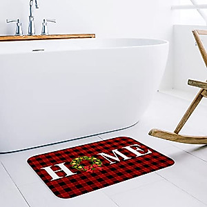 Prironde Front Door Mats Outdoor Indoor Kitchen Mat, Black Red Plaid Green Christmas Wreath Red Bow Xmas Home Entrance Doormat Non-Slip Bathroom Rugs Washable Floor Mats for Sink/Porch, 16" x 24"