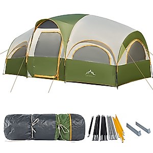GoHimal 8 Person Tent for Camping, Waterproof Windproof Family Tent with Rainfly, Divided Curtain Design for Privacy Space, Portable with Carry Bag