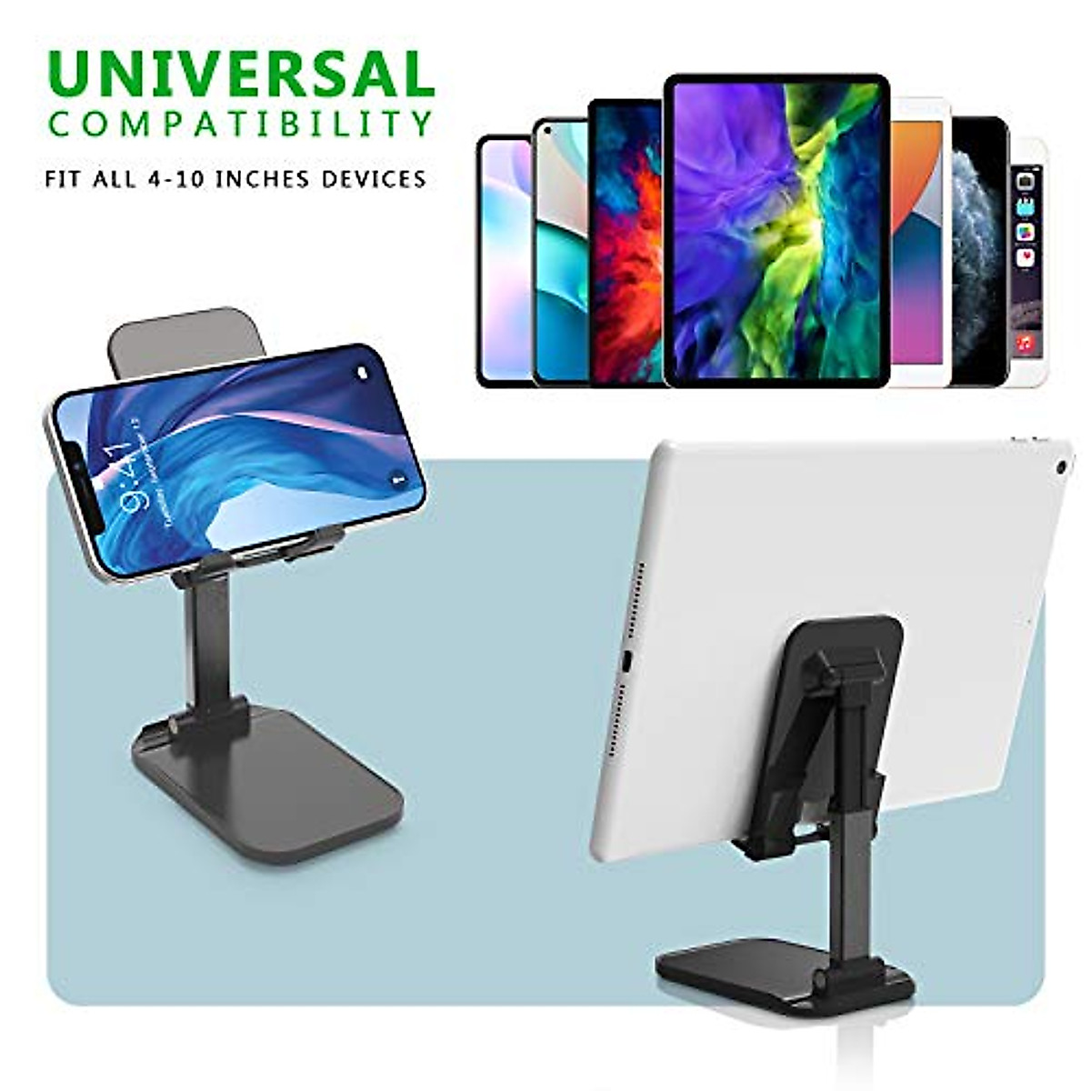SHANSHUI Cell Phone Stand, Adjustable Angle Height Phone Stand for Desk Foldable Anti-Slip Tablet Stand Phone Holder Compatible for All Mobile Phones, iPhone, iPad, Tablet (Black)
