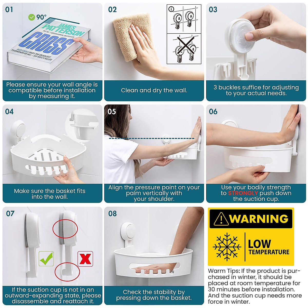 TAILI Corner Shower Caddy Suction Cups Heavy Duty 2 Pack, Small Bathroom Shower Shelf Storage Wall Mounted shower Organizer for Shampoo,Conditioner,Plastic shower Basket, Drill-Free Removable