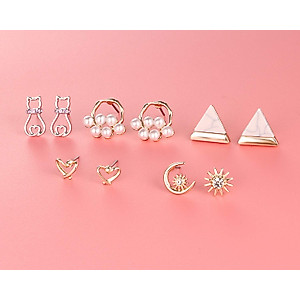 32 Pairs Assorted Stainless Steel Stud Earrings for -s Women Women-Cute Animal Faux Pearl Cat Elephant Sun Moon Star CZ Twise Heart Geometric Pattern Small Statement Bar Stud Earring Set (#5)